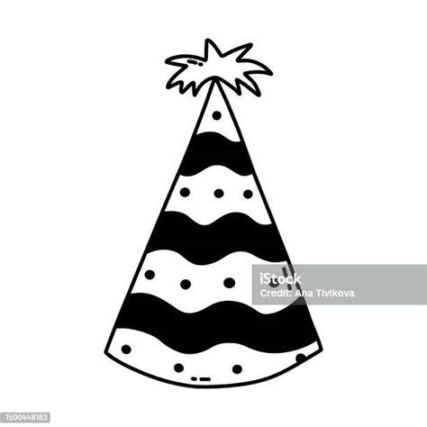 위에 손바닥이 있는 생일 파티 모자 귀여운 장식으로 파티 콘과 크리스마스 모자의 스케치 흰색 배경에 분리된 손으로 그린 윤곽선이 있는 간단한 벡터 검은색 낙서 0명에 대한