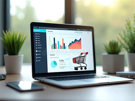 Laptop Display Showing Business Data And Shopping Cart Stock