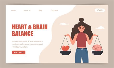 심장과 뇌의 균형 랜딩 페이지 템플릿 뇌와 심장을 손에 들고 있는 저울을 들고 있는 여자 제어 느낌과 감정 개념 평면 만화 스타일의 벡터 일러스트 레이 션 Mental