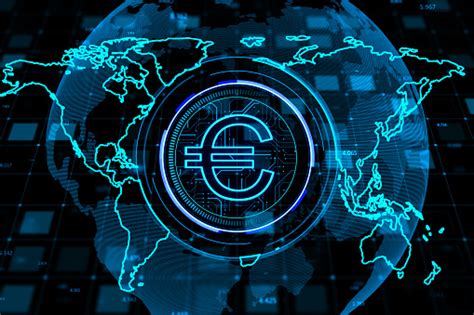 디지털 화폐 교환 및 세계 통화 개념에는 세계 지도 윤곽이 있는 추상적인 배경에 원 안에 파란색 유로 기호가 있습니다 3d 렌더링 0명에 대한 스톡 사진 및 기타 이미지