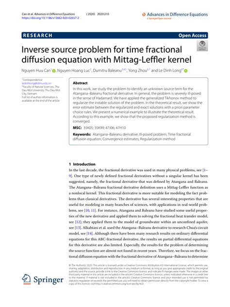 Pdf Inverse Source Problem For Time Fractional Diffusion Equation With Mittag Leffler Kernel
