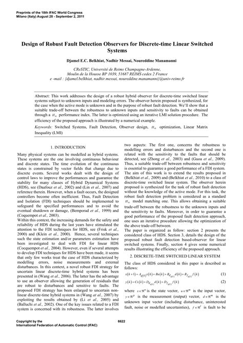 Pdf Design Of Robust Detection Observer For Discrete Time Linear Switched System