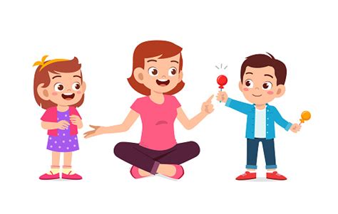 행복한 어머니는 사탕과 과자를 그의 소년과 소녀 아이에게 제공합니다 감정에 대한 스톡 벡터 아트 및 기타 이미지 감정 공유 개념 귀여운 Istock