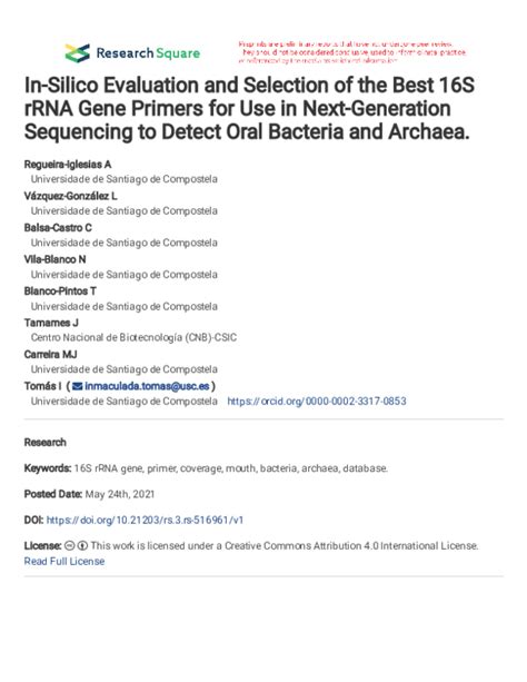 Pdf In Silico Evaluation And Selection Of The Best 16s Rrna Gene
