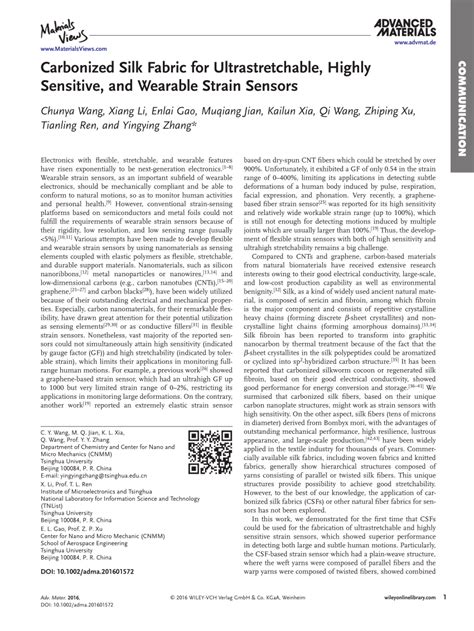 Pdf Carbonized Silk Fabric For Ultrastretchable Highly Sensitive And Wearable Strain Sensors