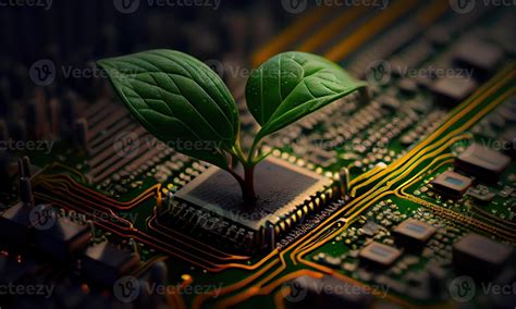 Growing Tree On The Converging Point Of Acomputer Circuit Board Nature With Digital Convergence