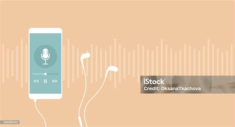 화면에 팟 캐스트 응용 프로그램과 음파와 복사 공간이있는 복숭아 배경에 이어폰이있는 모바일 스마트 폰 플랫 벡터 일러스트 레이