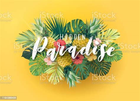 이국적인 몬스터야자수잎과 히비스커스 꽃과 녹색과 노란색 여름 열대 배경 3d 효과와 흰색 편지 벡터 꽃 그림입니다 3차원 형태에 대한 스톡 벡터 아트 및 기타 이미지