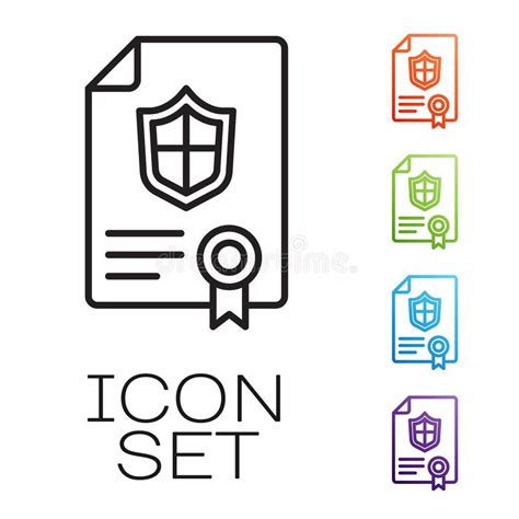 Black Line Contract With Shield Icon Isolated On White Background Insurance Concept Stock