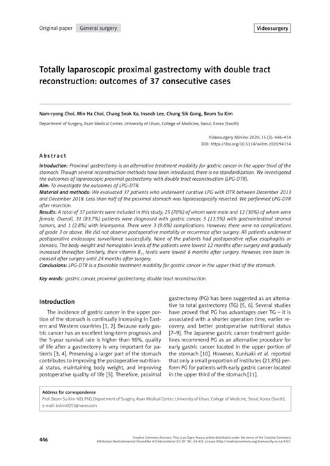 Pdf Totally Laparoscopic Proximal Gastrectomy With Double Tract Reconstruction Outcomes Of 37