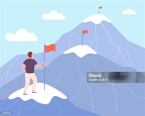 인생은 목표에 이르는 단계 관리자의 점진적인 목적 달성 남자 리더는 깃발로 산 봉우리를 오르고 경로 높은 목표 개념은 단계 비즈니스 미래를 개선 벡터 일러스트 레이 션