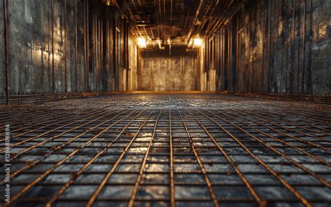 Rebar Grid For Concrete Reinforcement Construction Foundation Low Angle Perspective Steel