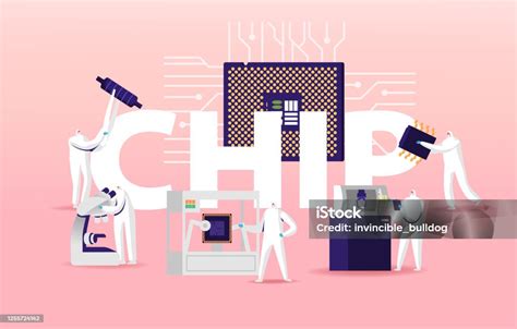 칩 반도체 개념의 제조 과학자 캐릭터의 제조 시설 팀은 산업 3d 프린터 포스터 배너 전단지에 프로그램을 설정합니다 만화 사람들