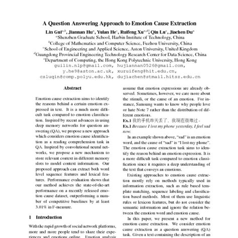 A Question Answering Approach For Emotion Cause Extraction Acl Anthology