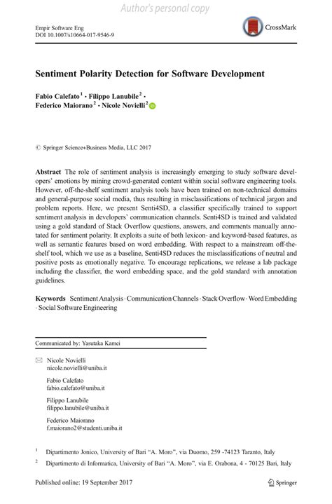 Pdf Sentiment Polarity Detection For Software Development