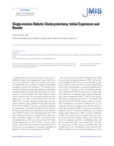 Pdf Single Incision Robotic Cholecystectomy Initial Experience And Results