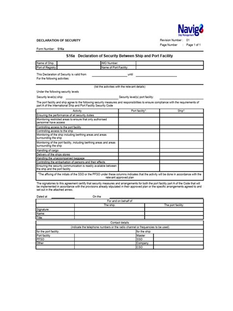 Declaration Of Security Between Ship And Port Facility Pdf Water Transport Shipping