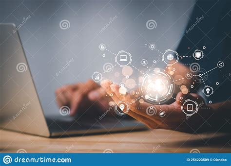 Business Man Use Laptop With Cloud Computing Diagram Show And Pen On Hand Networking And