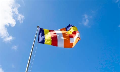 Waving Colorful Buddhist Sri Lanlan Flag Premium Photo