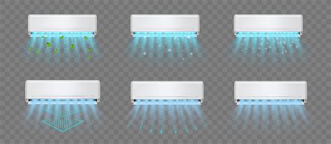 신선한 차가운 공기 바람이 부는 에어컨 가전 제품의 고립 된 세트 집에 대한 벡터 현실적인 정수기 컨디셔닝 효과 냉각 및 냉각 온도 실내 온도 조절 바람에 대한 스톡 벡터