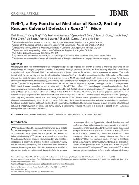 Pdf Nell 1 A Key Functional Mediator Of Runx2 Partially Rescues Calvarial Defects In Runx2 Mice