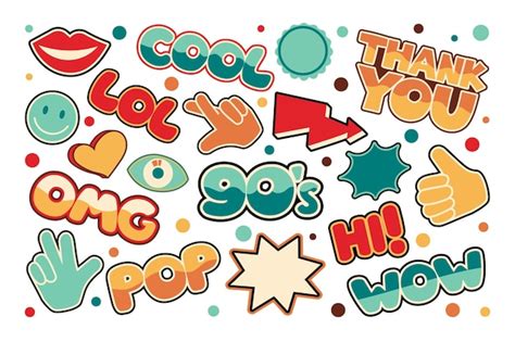 90년대의 콜라주 배너 복고풍 팝 비문과 스티커가 있는 추상적인 배경 멋진 유행 프리미엄 벡터
