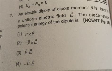 4 E { A } E { B } 0 An Electric Dipole Of Dipole Moment Vec