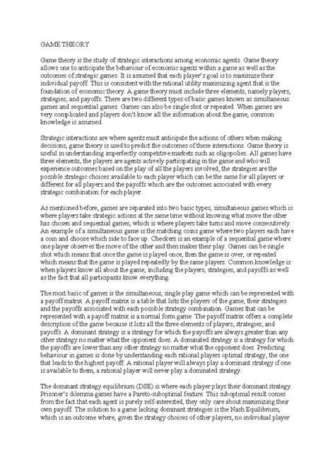 Essay On Game Theory GAME THEORY Game Theory Is The Study Of Strategic Interactions Among