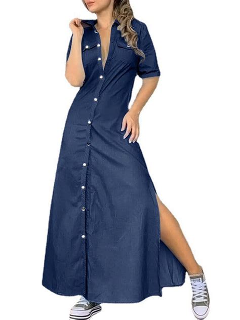 Frontwalk Chic Maxi Dress For Women Button Down Split Hem Dresses Short