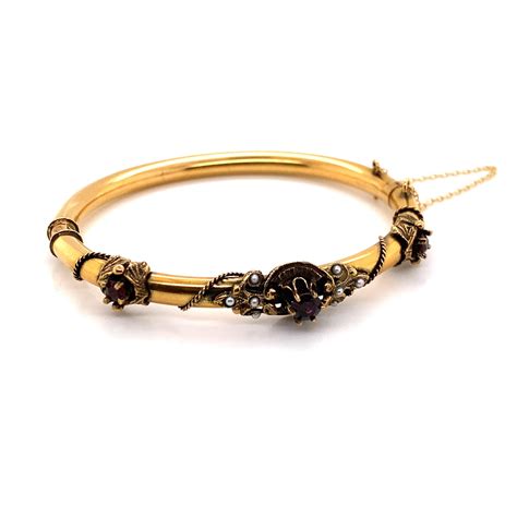 Vintage 14k Yellow Gold Victorian Reproduction Bangle With Garnet And