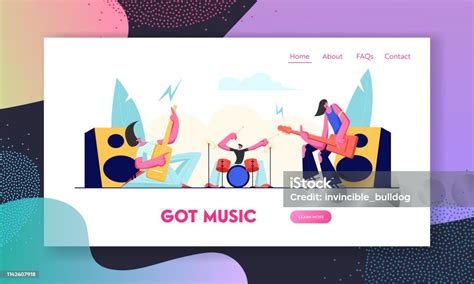 전기 기타리스트와 드러 머 무대에서 음악을 수행 락 밴드와 함께 연주에 기타와 드럼을 연주하는 흔들 복장 웹사이트 방문 페이지 웹 페이지 만화 평면 벡터 일러스트 레이 션