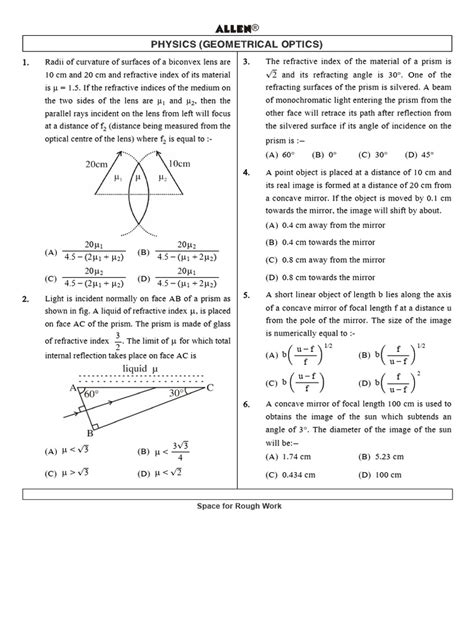 Physics Geometrical Optics Set 2 Pdf Optics Refractive Index