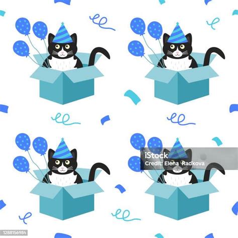 파란색 풍선이달린 파란색 모자에 골판지 상자에 앉아 있는 귀여운 흑백 고양이 생일 원활한 패턴 가공의 인물에 대한 스톡 벡터 아트 및 기타 이미지 Istock