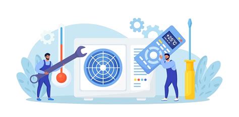 에어컨 수리를위한 전문 서비스 냉각 시스템의 유지 보수 및 설치 보증 수리 및 청소 필터 교체 렌치가 있는 작업자 에어컨에 대한 스톡 벡터 아트 및 기타 이미지 Istock