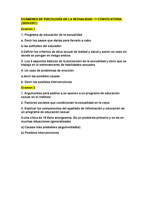 Examen 4 Febrero 2021 preguntas EXÁMENES DE PSICOLOGÍA DE LA SEXUALIDAD 1ª CONVOCATORIA