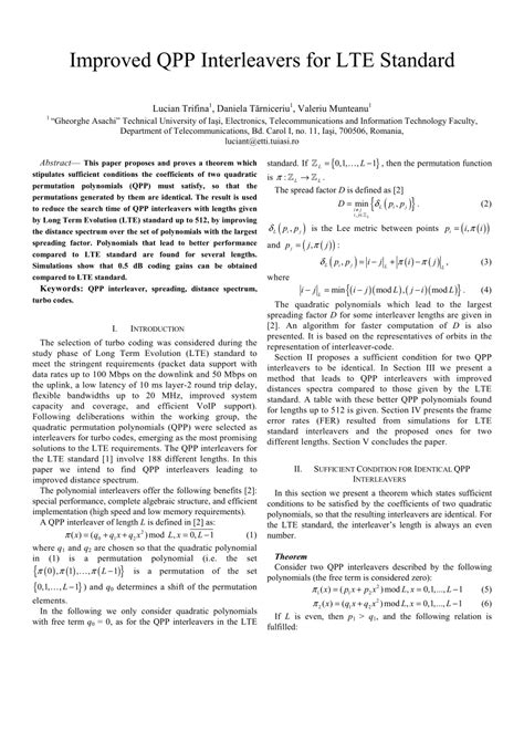 Pdf Improved Qpp Interleavers For Lte Standard