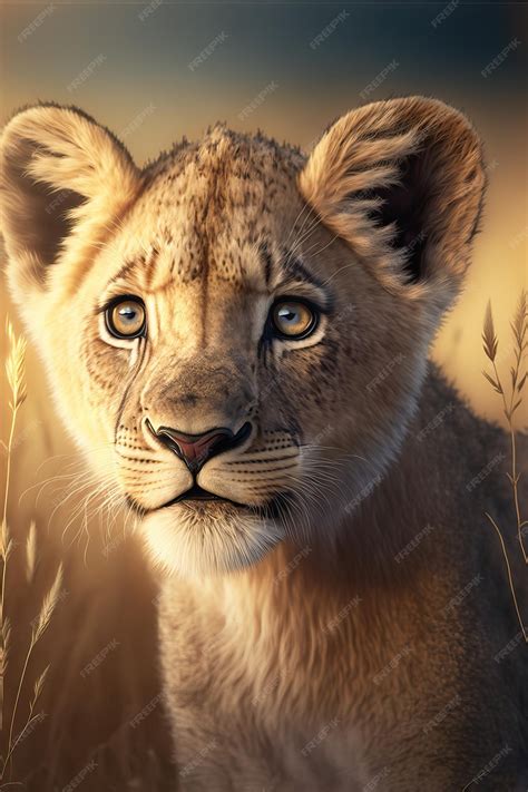 Portrait Dun Adorable Lionceau Africain Sur Une Plaine De Savane