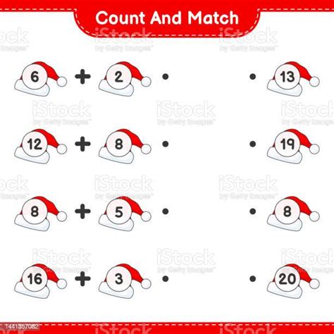 세고 일치시키고 산타 모자의 수를 세고 올바른 숫자와 일치시킵니다 교육 어린이 게임 인쇄 워크시트 벡터 일러스트 레이 션 0명에 대한 스톡 벡터 아트 및 기타 이미지