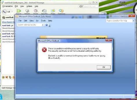 microsoft office outlook problem with the proxy server security service