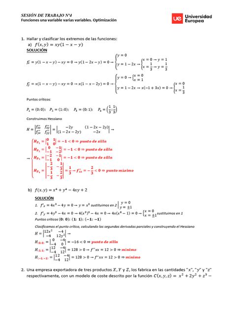 Stnº4 Optimización Funciones De Varias Variables Sol Pdf Objetos Matemáticos Matemáticas