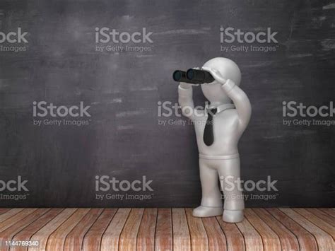 나무 바닥에 쌍안경과 문자칠판 배경3d 렌더링 3차원 형태에 대한 스톡 사진 및 기타 이미지 3차원 형태 가정의 방 감시 Istock