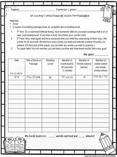 Fluency Recording Sheets For Timed Reading By Growing Smart Readers