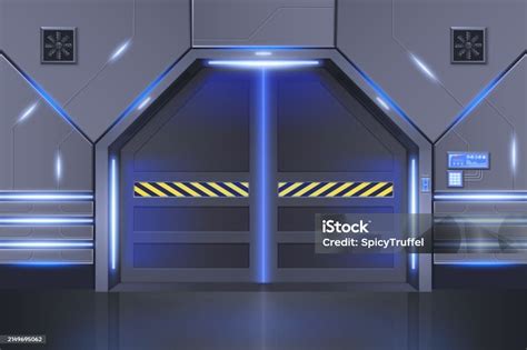 우주선 문입니다 금속 우주선 내부 육각형 벽 안쪽에 미닫이 문 실험실 잠금 장치 텅 빈 복도 미래형 엘리베이터 출입구 빛나는 램프 셔틀 디자인 벡터 3d 배경 우주선에 대한