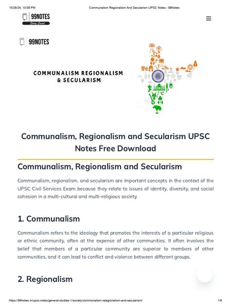 Communalism Regionalism And Secularism Upsc Notes 99notes Pdf Secularism Multiculturalism