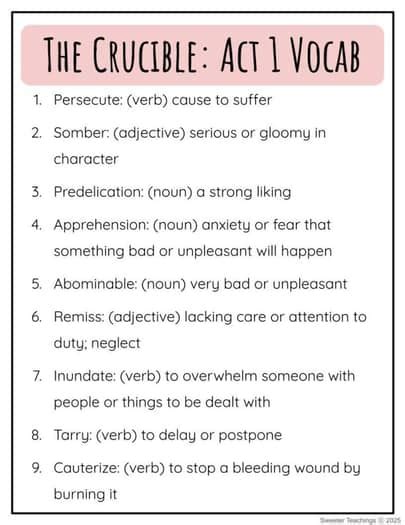 The Crucible Vocab List 1 Quizanswer Key By Teaching Sweeter