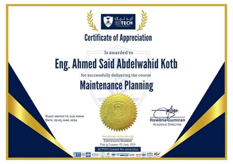 Certificate Of Appreciation For Conducting The Maintenance Planning And Scheduling Course