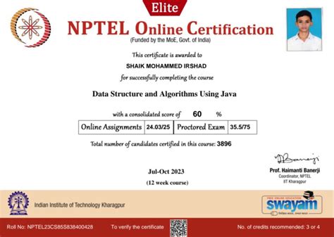 Shaik Mohammed Irshad On Linkedin Completed Dsa Using Java In Nptel
