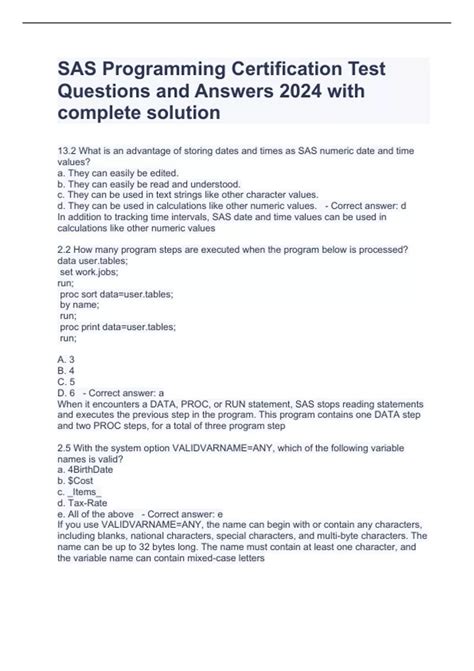 Sas Programming Certification Test Questions And Answers 2024 With Complete Solution Sas