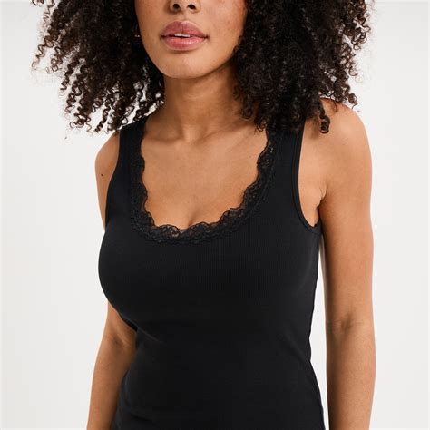 Débardeur Côtelé Encolure Dentelle Noir Femme La Halle