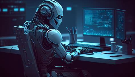 Premium Ai Image Automation Worker Concept With 3d Rendering Cyborg Or Robot Work On Desktop